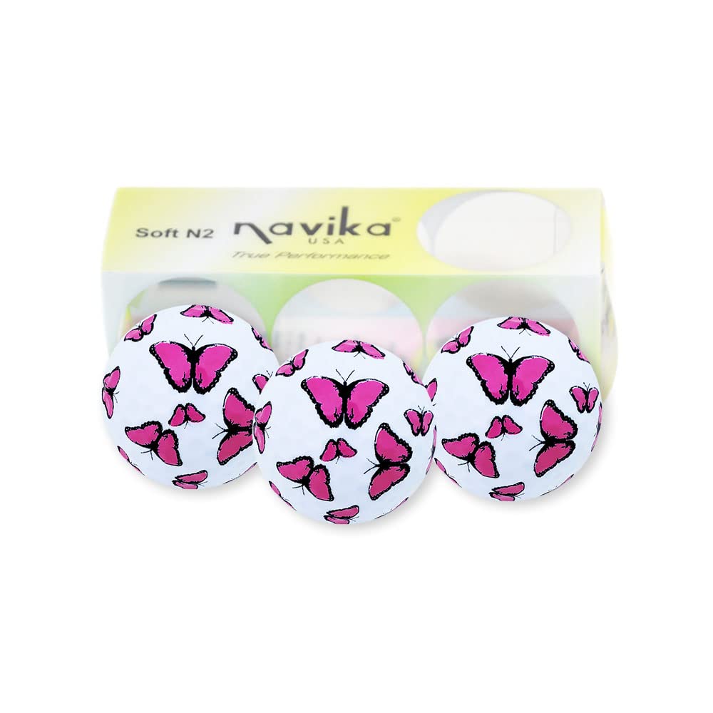 NAVIKA Pink Butterfly Print on White Golf Balls | Sleeve of 3 Balls | Vibrant Neon Pink Butterflies Wrapped Around Golf Balls | Cute Printed Golf Balls | Great for Women and Kids