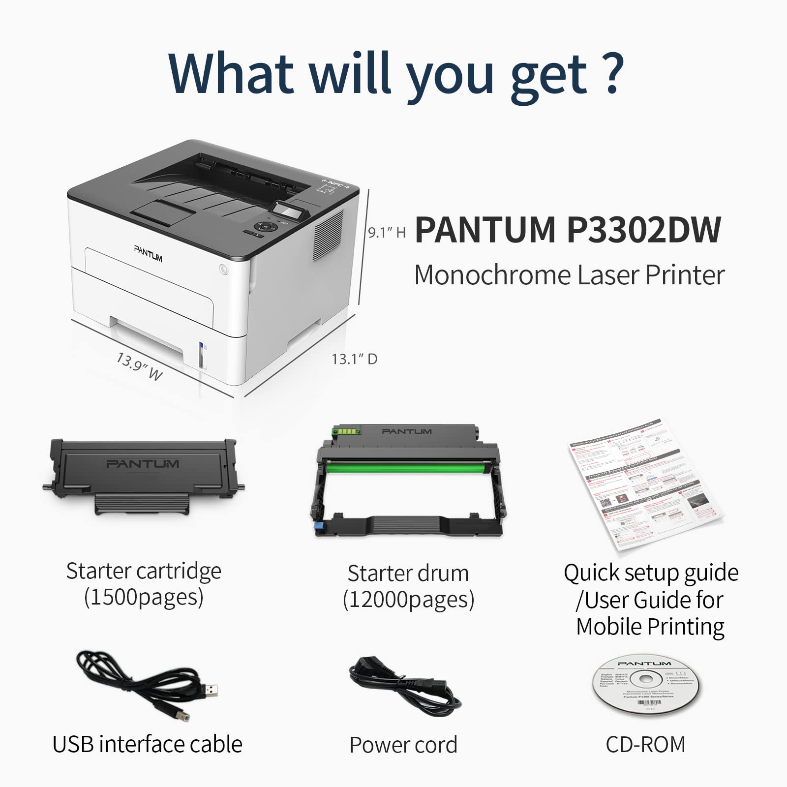 Pantum Monochrome Laser Printer Black and White Laser Printer Wireless Small Computer Printer with Auto Duplex 2-Sided Printer Home Use with Mobile Printing and School Student, 30ppm P3012DW