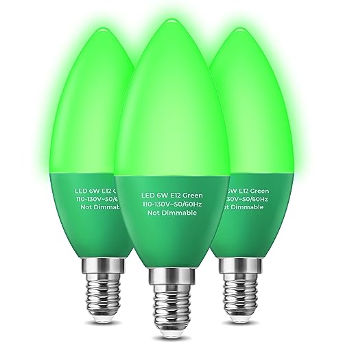 UNILAMP Green Light Bulbs, 6W LED Green Colored Bulb 40 Watt Equivalent, E12 B11 Chandelier Candle Bulbs, Type B Green Bulbs for Christmas Decoration, Non-Dimmable, 3 Pack