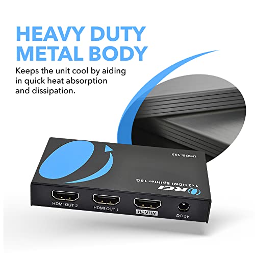 OREI 4K 1x2 2.0 HDMI Splitter, 2 Ports with Full UltraHD 4:4:4 HDR, HDR10, Dolby Vision, HDCP 2.2, 4K at 60Hz, EDID Support