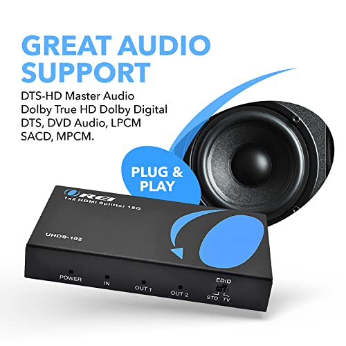 OREI 4K 1x2 2.0 HDMI Splitter, 2 Ports with Full UltraHD 4:4:4 HDR, HDR10, Dolby Vision, HDCP 2.2, 4K at 60Hz, EDID Support