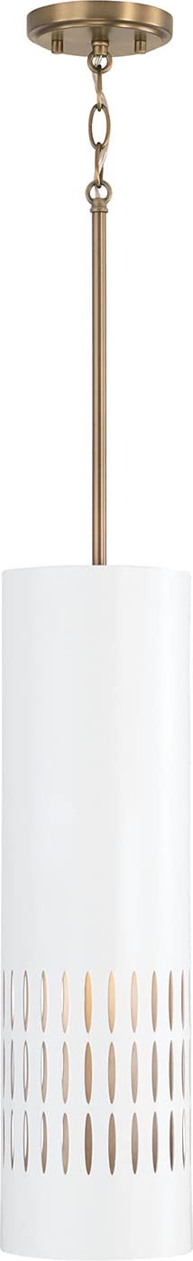 Capital Lighting 350211AW Dash Mid-Century Modern Metal Mini Cylinder Pendant Ceiling Light Fixture, 1-Light 100 Watt, 22" H x 6" W, Aged Brass and White