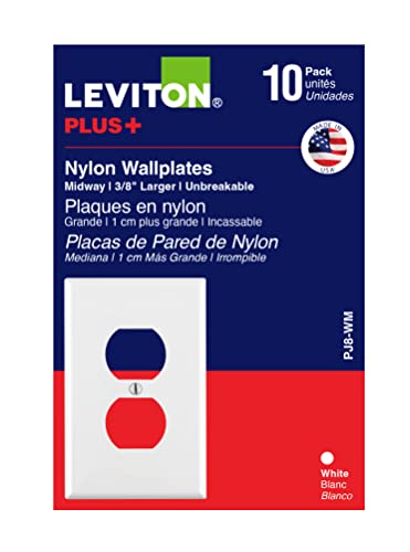 Leviton PJ8-WM 1-Gang Duplex Device Receptacle Wallplate, Midway Size, Thermoplastic Nylon, Device Mount, 10 Pack, White