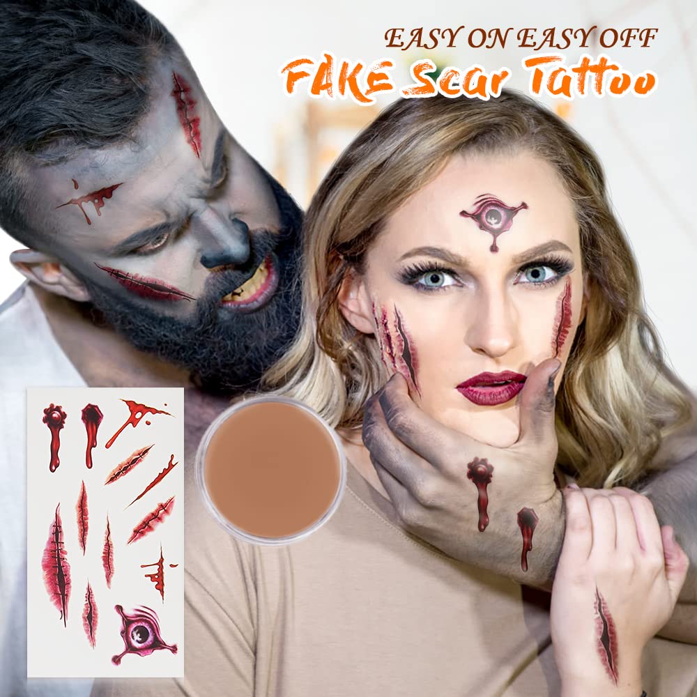 Halloween Makeup Kit for Adults Kids - Zombie Skeleton Vampire Clown Witch SFX Makeup kit, Black White Scary Halloween Cosplay Face Paint Make Up Set Fake Blood Tattoo Stickers 8-Color Makeup Palette