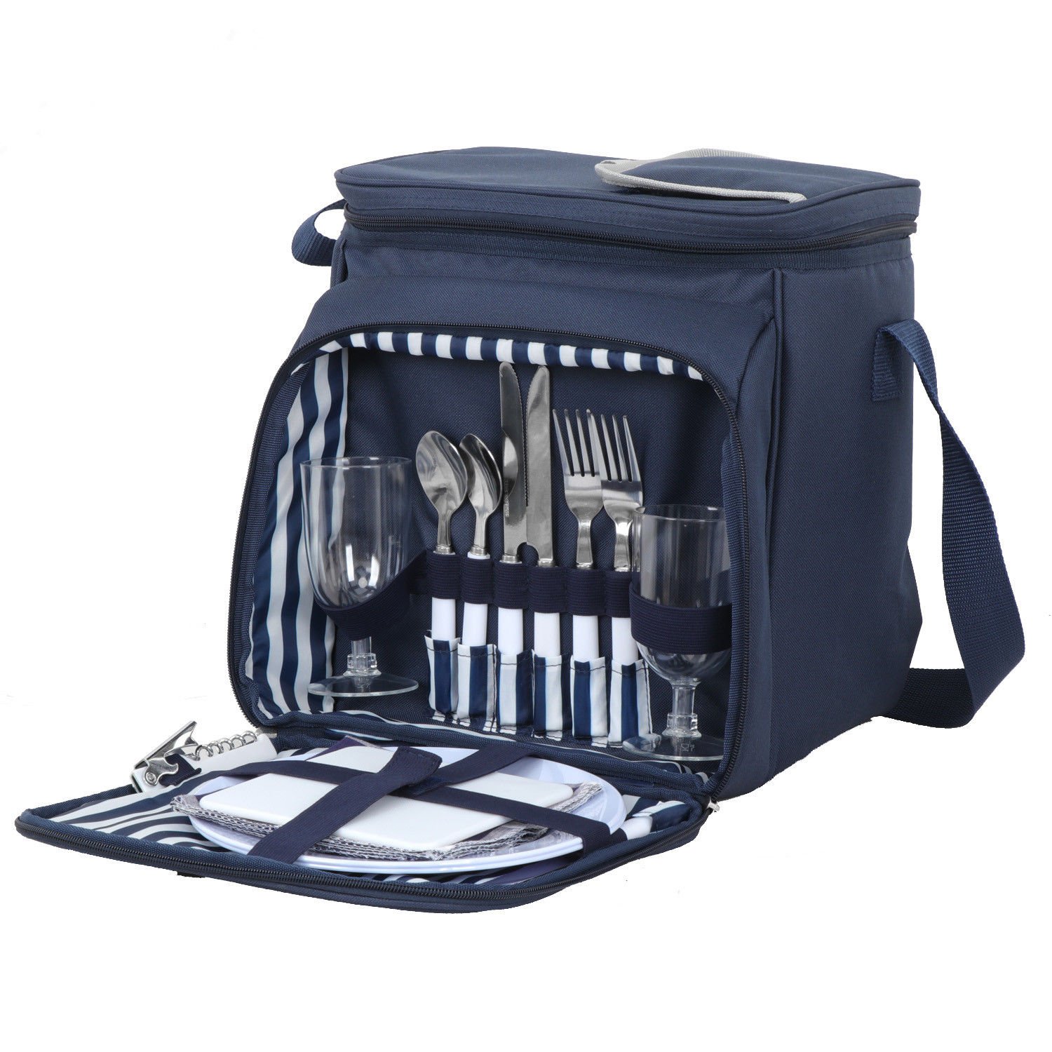 2 Person Blue Tartan Insulated Picnic Bag Set W/Cooler Section