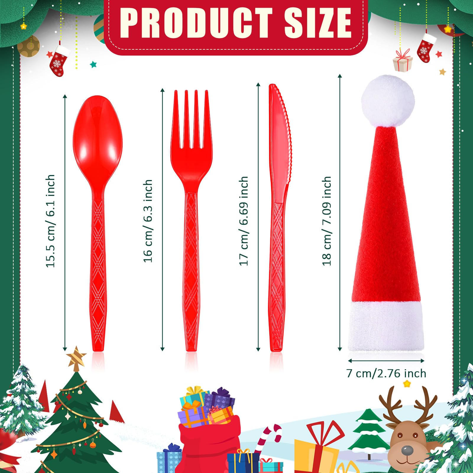 144 Pcs Christmas Plastic Silverware Set, Red Green and Gold Plastic Holiday Cutlery, 36 Spoons, 36 Forks, 36 Knives, and 36 Santa Hats Silverware Holders Xmas Tableware Fork Spoon Knife Storage Bag
