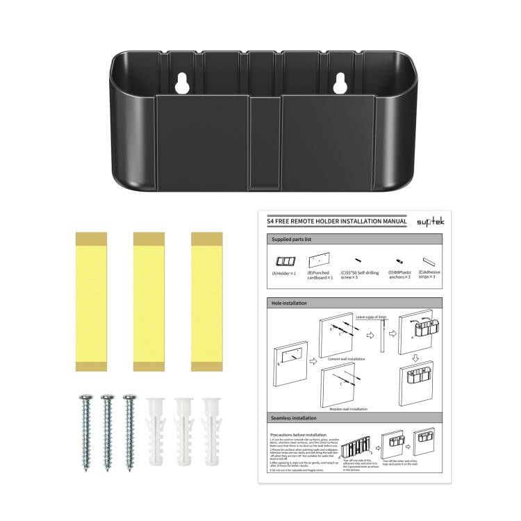 suptek Remote Control Holder Wall Mount,Hole-Free TV Remote Holder (for 3 or 4 Remotes, Black, Quantity 1)