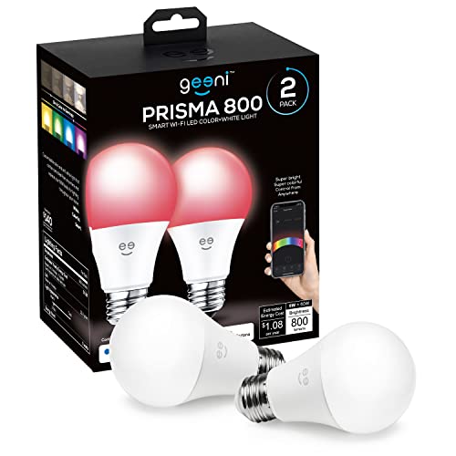 Geeni Prisma 800 2700K Dimmable A19, 60W Equivalent Color Changing RGBW LED Smart WiFi Light Bulb, Works with Alexa and Google Home, No Hub Required, Requires 2.4GHz WiFi (2 Pack)
