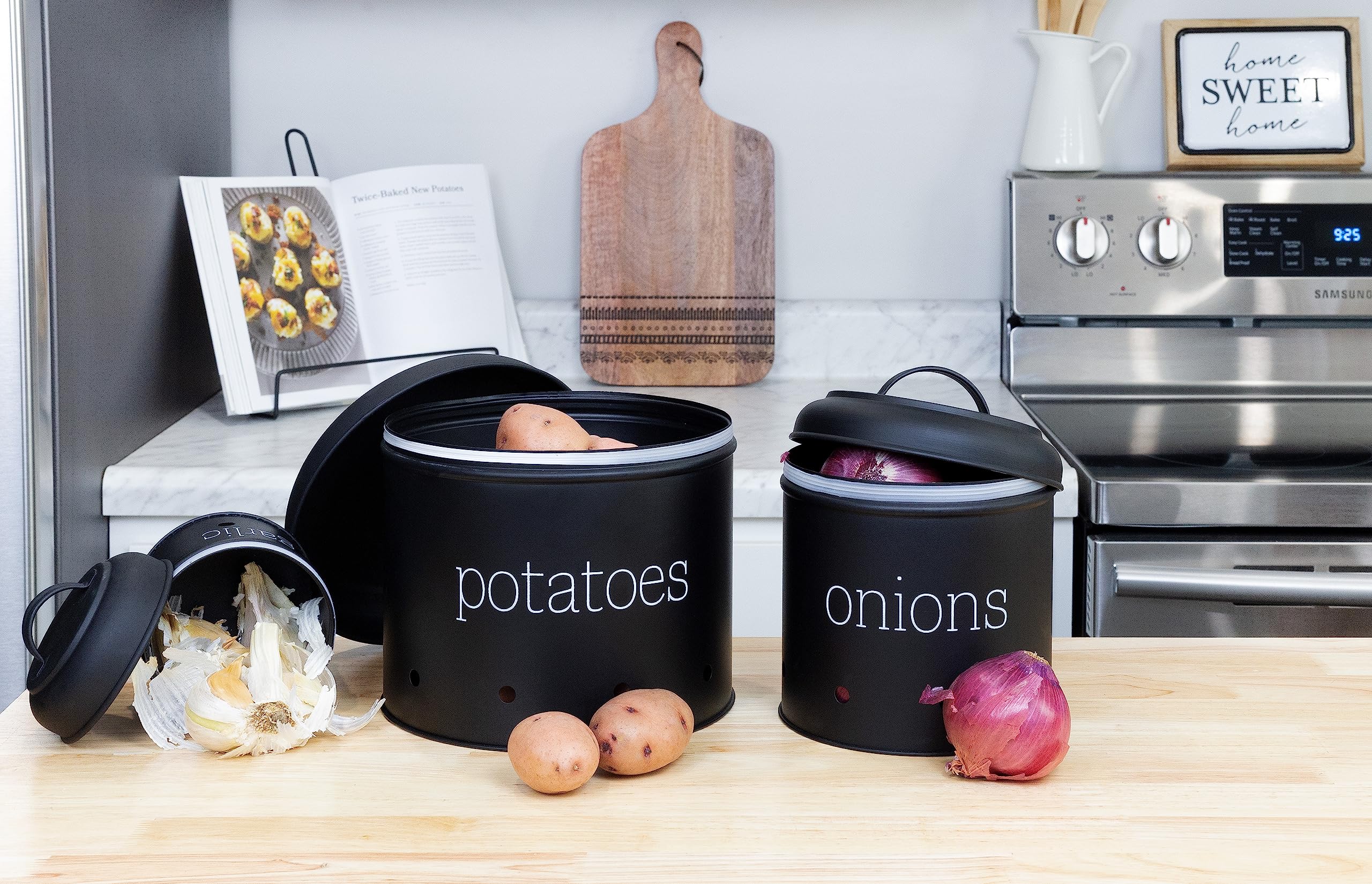 AuldHome Potatoes, Onions and Garlic Canister Set (Black); Contemporary Vegetable Storage Containers