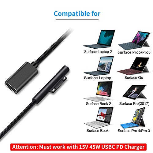 Sisyphy Surface Connect to USB C Charging Cable (Matte Black, Nylon 0.7ft), Compatible for Microsoft Surface Pro 7/6/5/4/3 Go 4/3/2/1 Laptop Book, Work with 45W 15V3A PD Charger and USB Type C Cable
