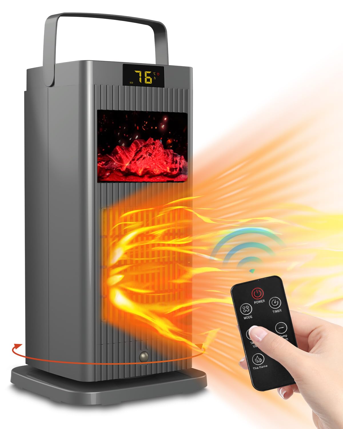 2023 Space Heater with 3D Bonfire, 1500W Electric Room Heater with Thermostat, Remote Control Ceramic Desk Heater with Timer, Small Personal Heater Fan for Bedroom, Large Room, Home, Office, Indoor