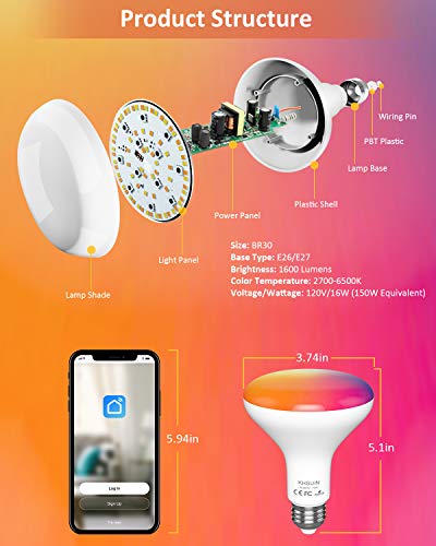 KHSUIN WiFi Smart Light Bulbs 150W Equivalent, 16W Dimmable 1600LM BR30 Flood Smart Bulb Works with Alexa Google Home No Hub, E26 Color Changing LED Alexa Light Bulb, 2700K-6500K RGBCW CRI>90, 4 Pack