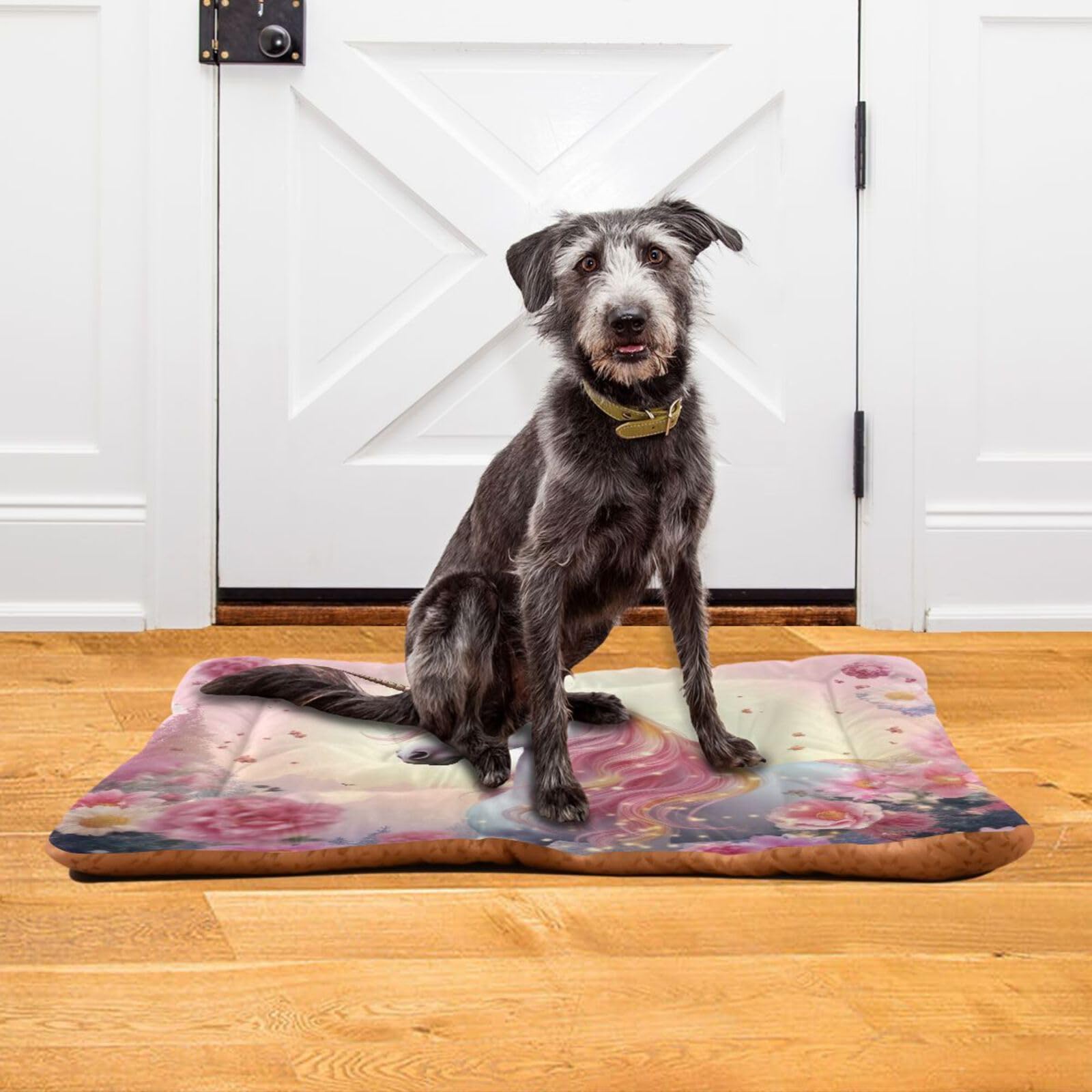 Kigai Unicorn Flowers Pet Bed Mat, Soft Cozy Crate Pet Mattress, Anti-Slip Bottom Machine Washable Pet Mat for Dog Sleeping