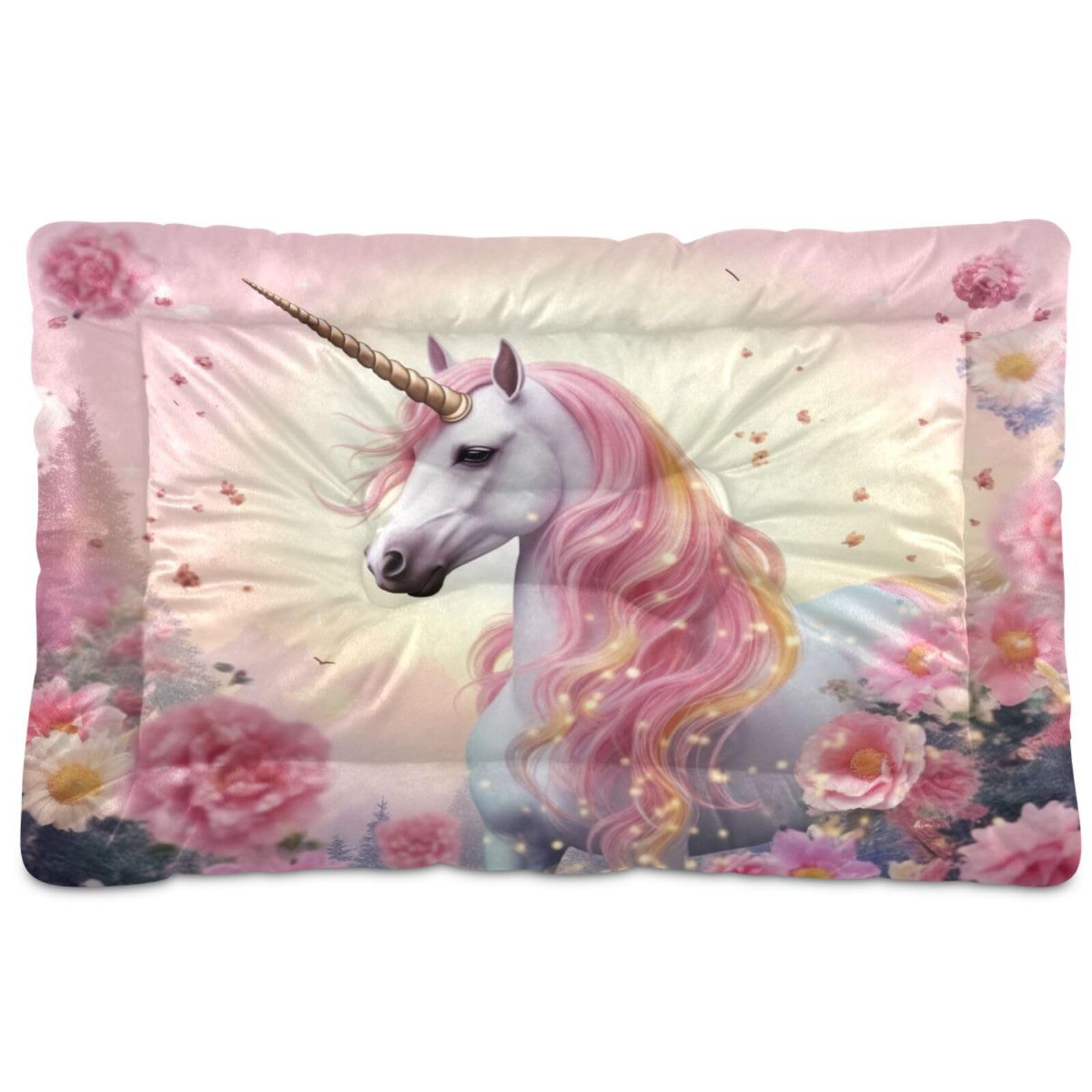 Kigai Unicorn Flowers Pet Bed Mat, Soft Cozy Crate Pet Mattress, Anti-Slip Bottom Machine Washable Pet Mat for Dog Sleeping