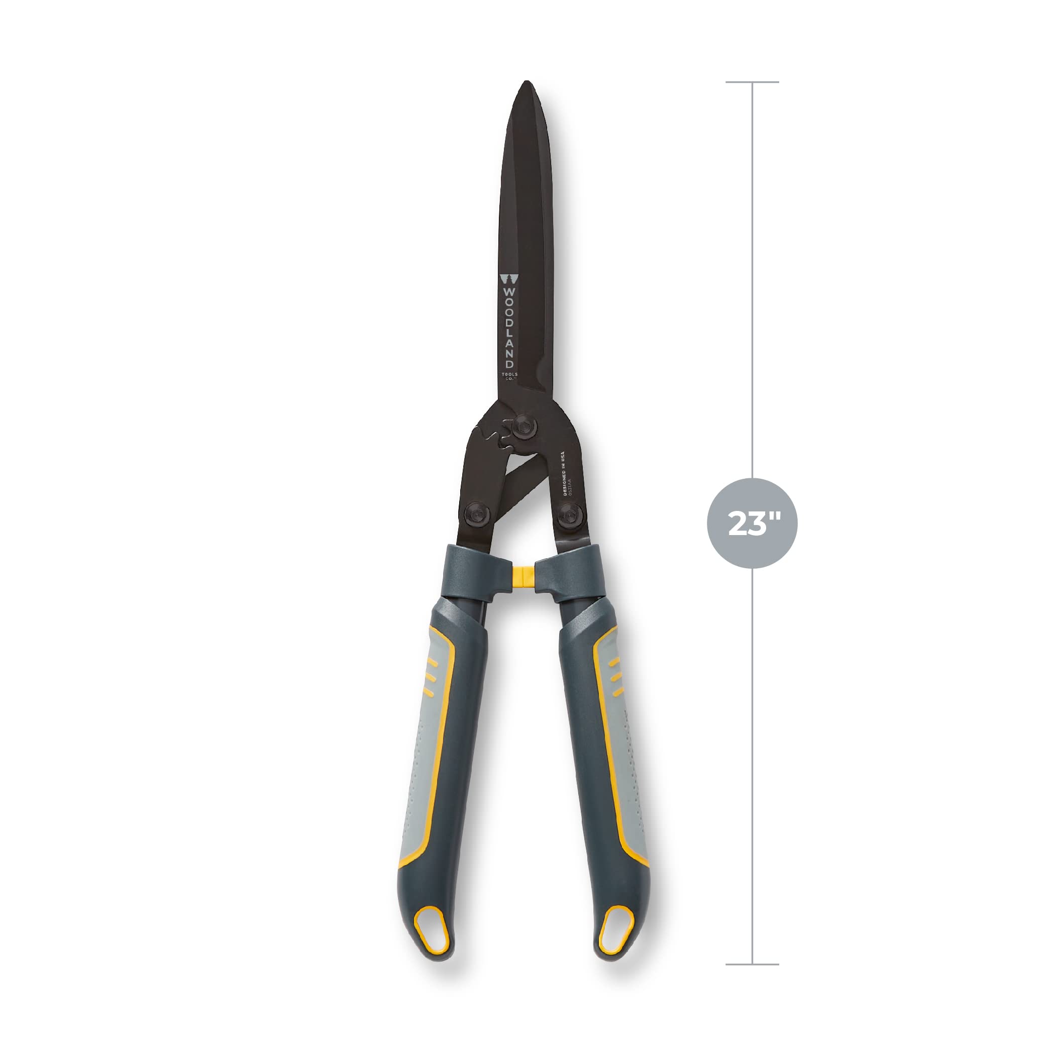 Woodland Tools Co. Super Duty MaxForce Hedge Shear β 23" High Carbon Steel Blades with Gear Amplified Cutting Power, Ergonomic U-Shape Design