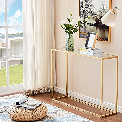 Wimarsbon Gold Console Table, Glass Sofa Tables, Modern Open Hallway Table, Narrow Entryway Table, Slim Accent Porch Table, Couch Side Table with Golden Metal Frame, Easy Assembly