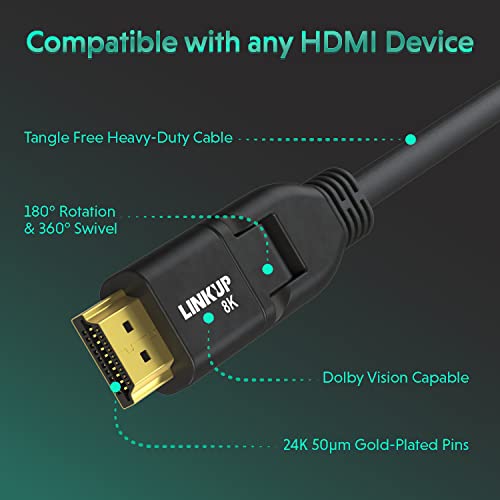 LINKUP - Ultra High-Speed HDMI 2.1 8K Cable 360° Swivel Angle Connector | DSC HDR UHD Digital Video Cord – Tough 28AWG 48GB/s | 10K 8K 5K 4K 2K 1080 | Compatible with Apple Xbox PS5 Samsung -6ft
