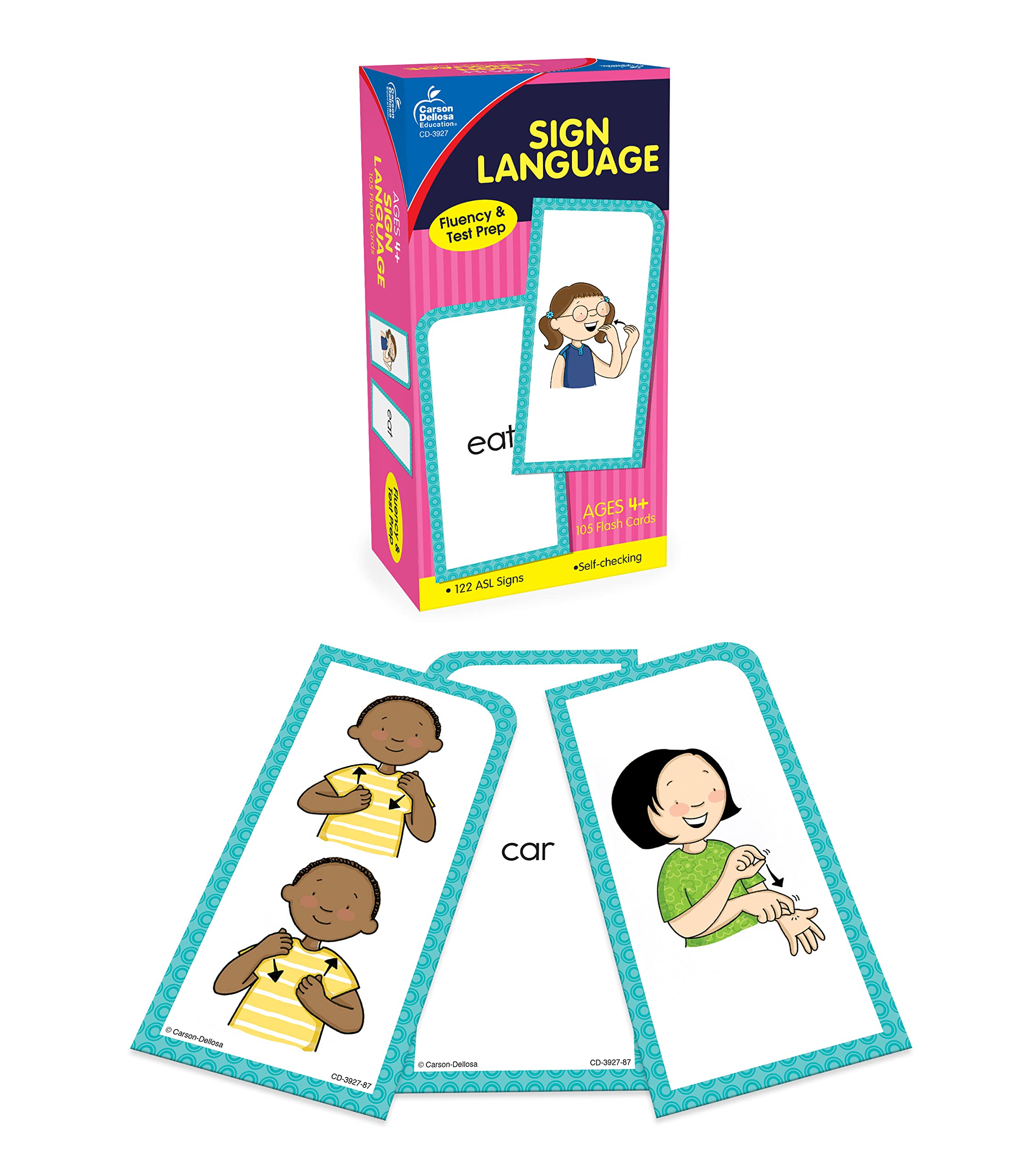 Carson Dellosa 104 American Sign Language Flash Cards for Kids, 122 ASL Signs Flashcards for Beginners and Toddlers Ages 4 and Up With Signing Illustrations