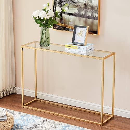 Wimarsbon Gold Console Table, Glass Sofa Tables, Modern Open Hallway Table, Narrow Entryway Table, Slim Accent Porch Table, Couch Side Table with Golden Metal Frame, Easy Assembly