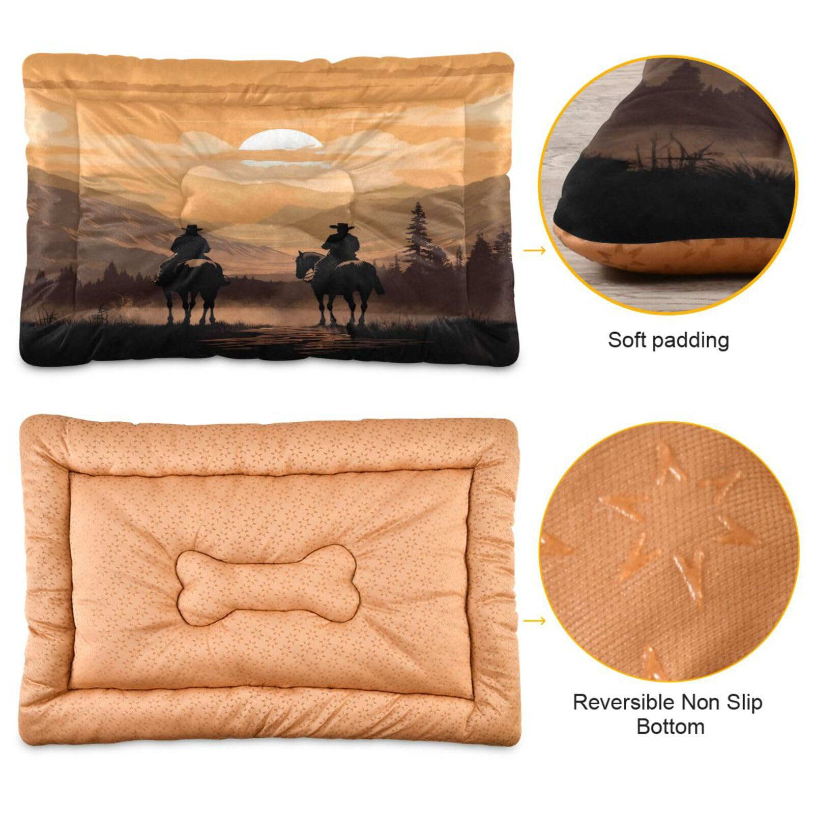 YETTASBIN Western Cowboy Crate Pet Bed, Portable Washable Dog Cat Mat, Soft Comfortable Pet Mattress with Non-Slip Bottom for Dogs Cats Sleeping, 36 x 24 Inch
