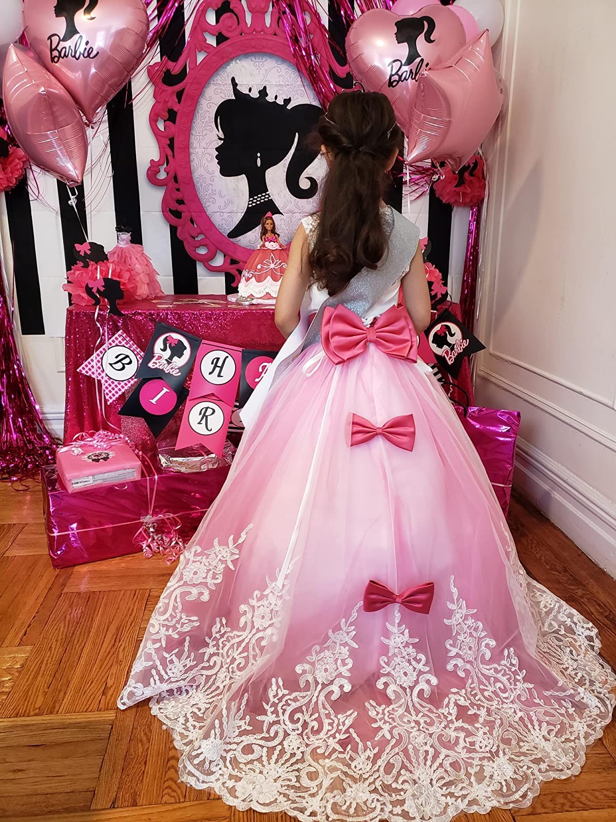 Princess Hot Pink Long Girls Pageant Dresses Kids Prom Puffy Tulle Ball Gown US 6