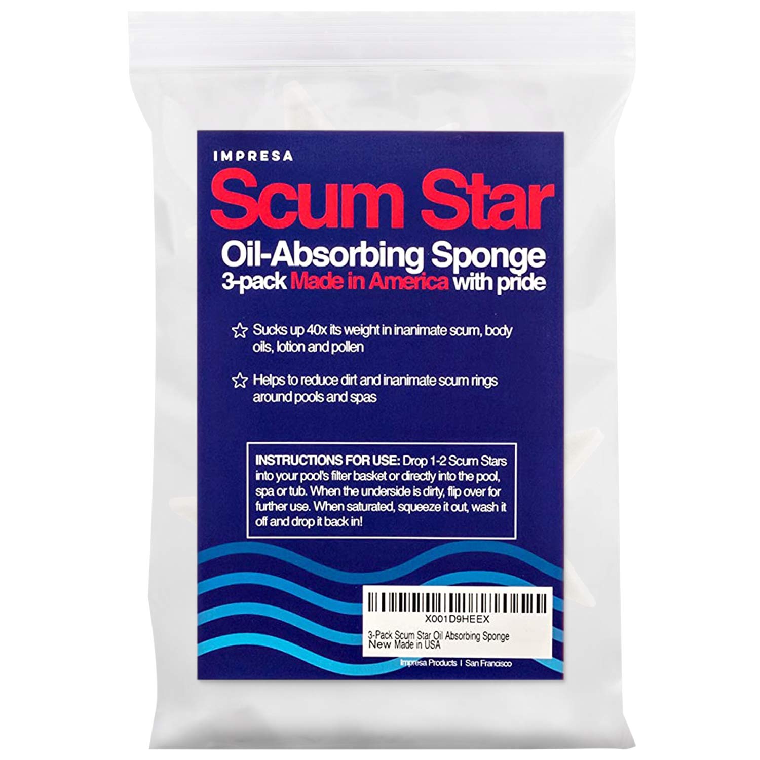 IMPRESA 3-Pack Scum Star Oil Absorbing Sponge - Excellent Absorber for Hot Tub, Spa and Swimming Pool Use - Compare to The Bugs and Balls - Made in USA