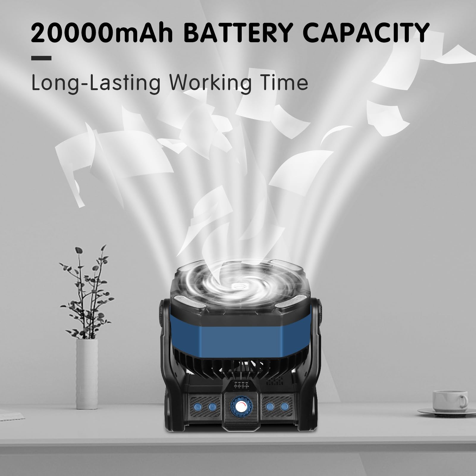 ABVOT 20000mAh Camping Fan with 4 LED Lights, Rechargeable Fan Portable, Stepless Speed and Adjustable Timer Settings for Picnic, Barbecue, Fishing, Travel