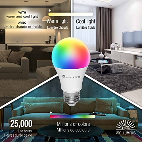 Lloyd's WiFi Smart A19 Bulb, Multicolor + White Light Range (Warm White to Cool White, 2700K-6500K), Works with Alexa and Google Home, 9W, No Hub Required, Dimmable from App, for 2.4 GHz Networks