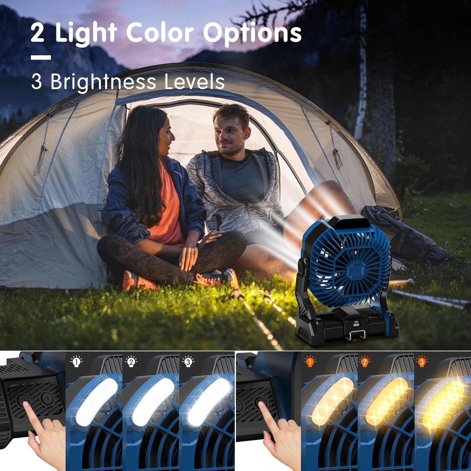 ABVOT 20000mAh Camping Fan with 4 LED Lights, Rechargeable Fan Portable, Stepless Speed and Adjustable Timer Settings for Picnic, Barbecue, Fishing, Travel