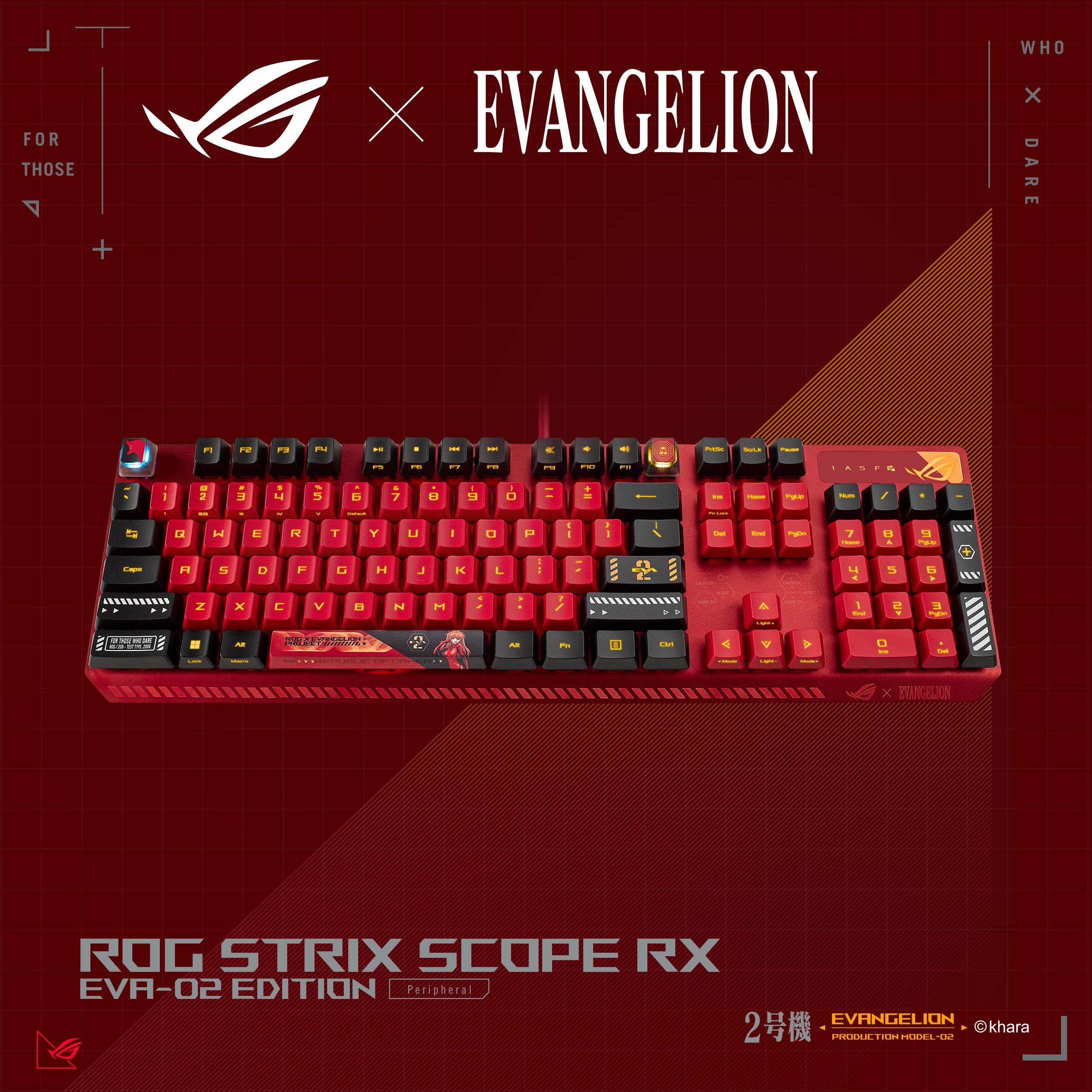 ROG Strix Scope RX EVA-02 Edition, 100% RGB Gaming Keyboard, ROG RX Red Optical Mechanical Switches, IP57 Water Resistance, USB Passthrough, Wider Ctrl Key, Stealth Key, Macro Support, EVA-themed