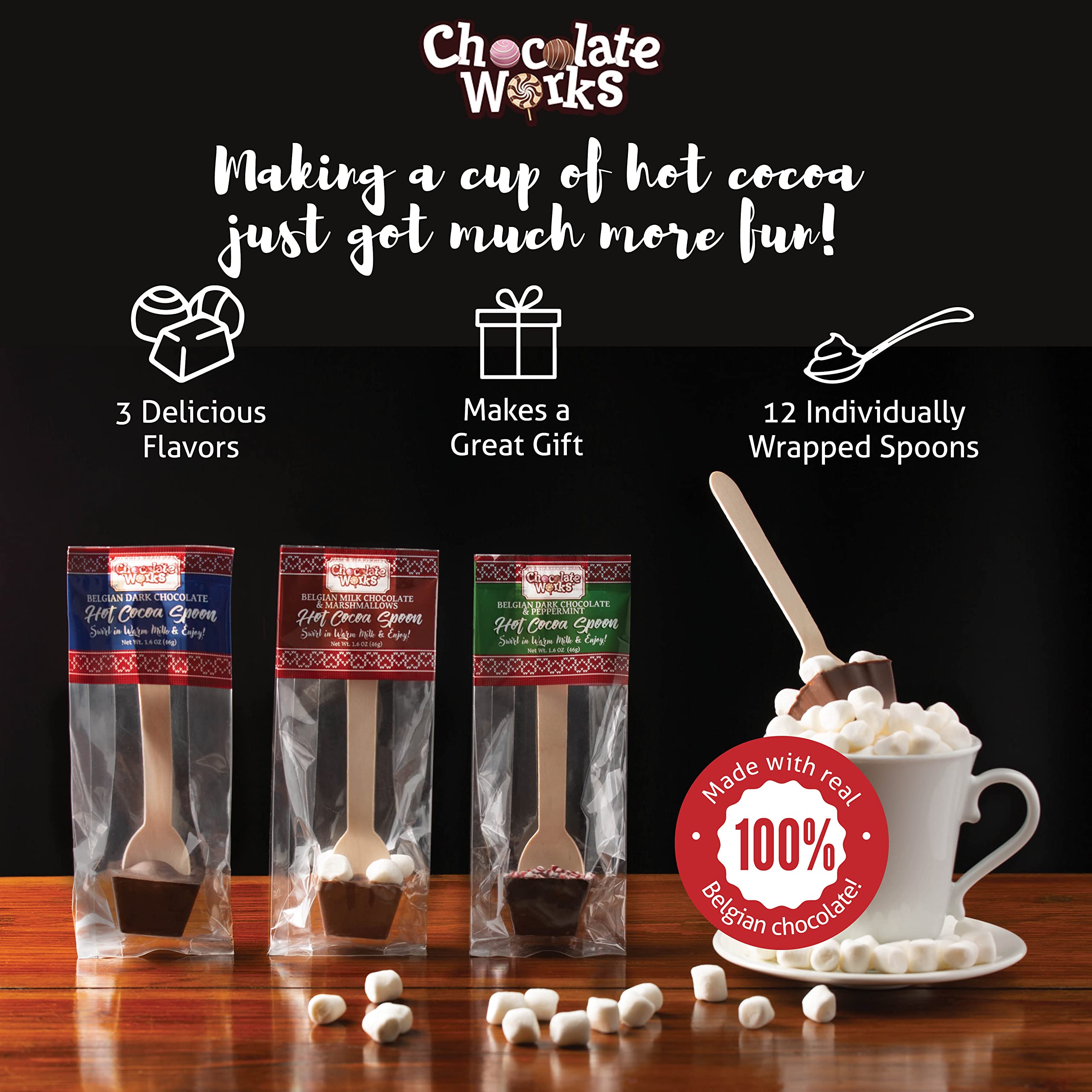 Hot Chocolate Spoons by Chocolate Works, Flavor Variety Pack - Belgian Dark Chocolate, Milk Chocolate & Marshmallows, Peppermint, Cocoa Bomb for Hot Chocolate