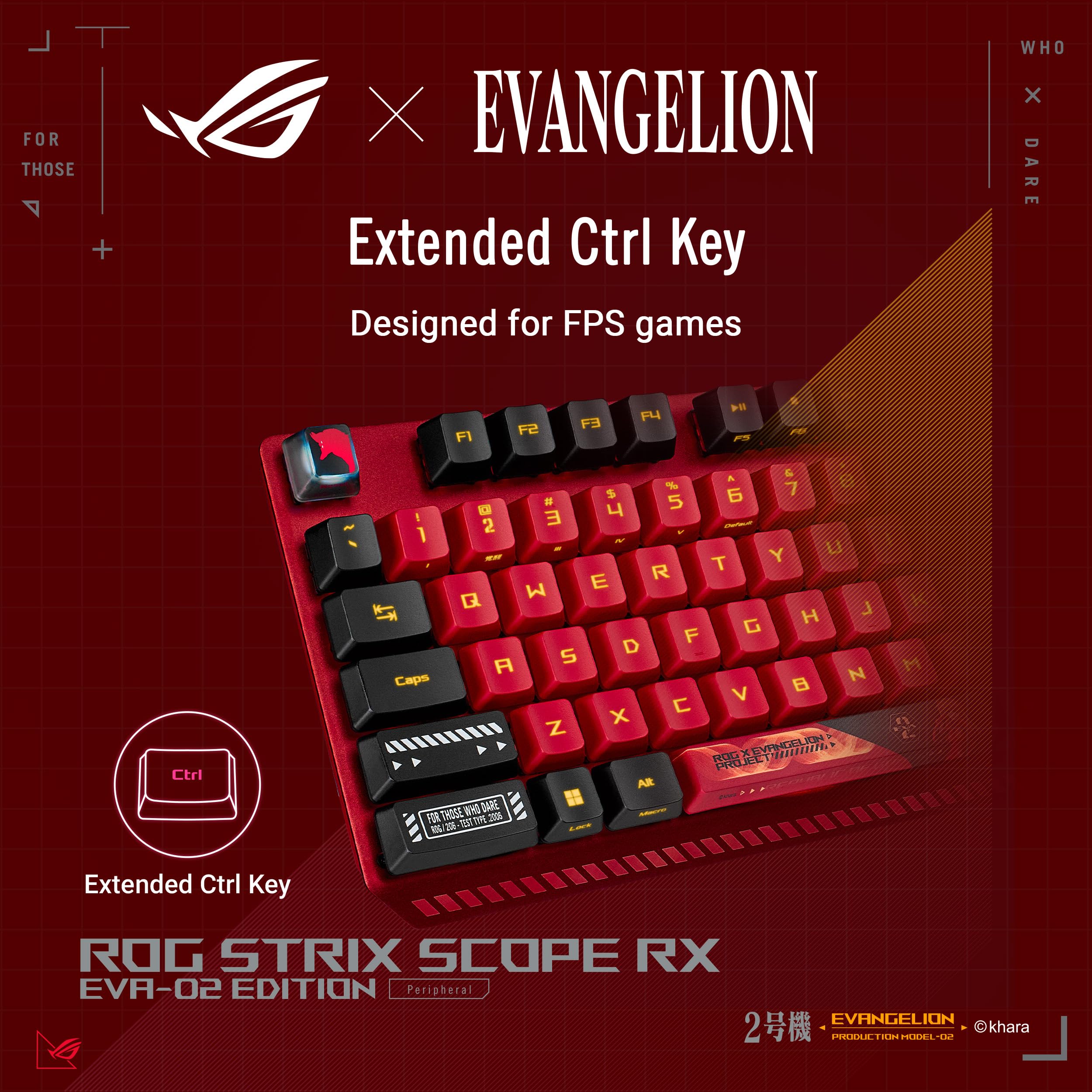 ROG Strix Scope RX EVA-02 Edition, 100% RGB Gaming Keyboard, ROG RX Red Optical Mechanical Switches, IP57 Water Resistance, USB Passthrough, Wider Ctrl Key, Stealth Key, Macro Support, EVA-themed