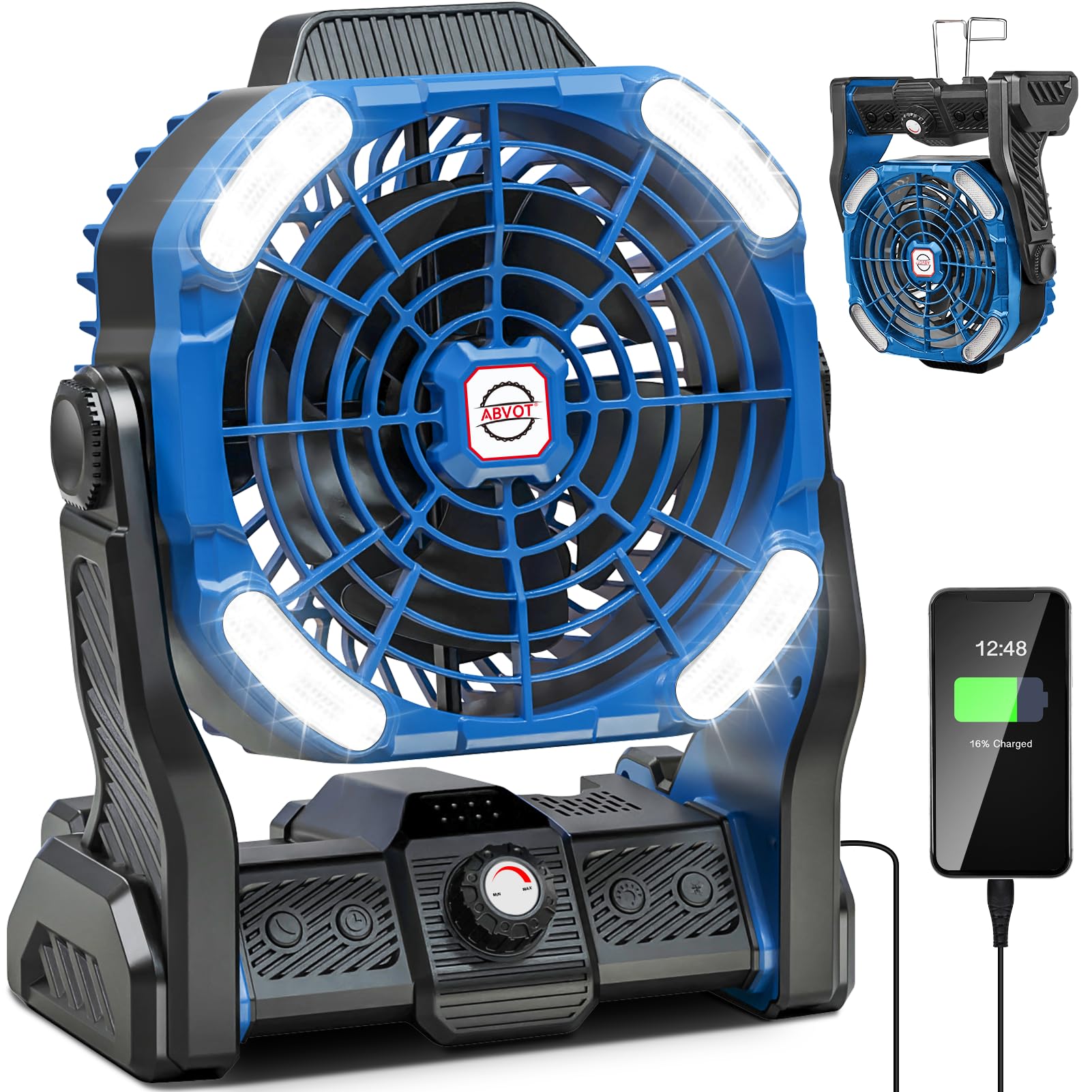 ABVOT 20000mAh Camping Fan with 4 LED Lights, Rechargeable Fan Portable, Stepless Speed and Adjustable Timer Settings for Picnic, Barbecue, Fishing, Travel