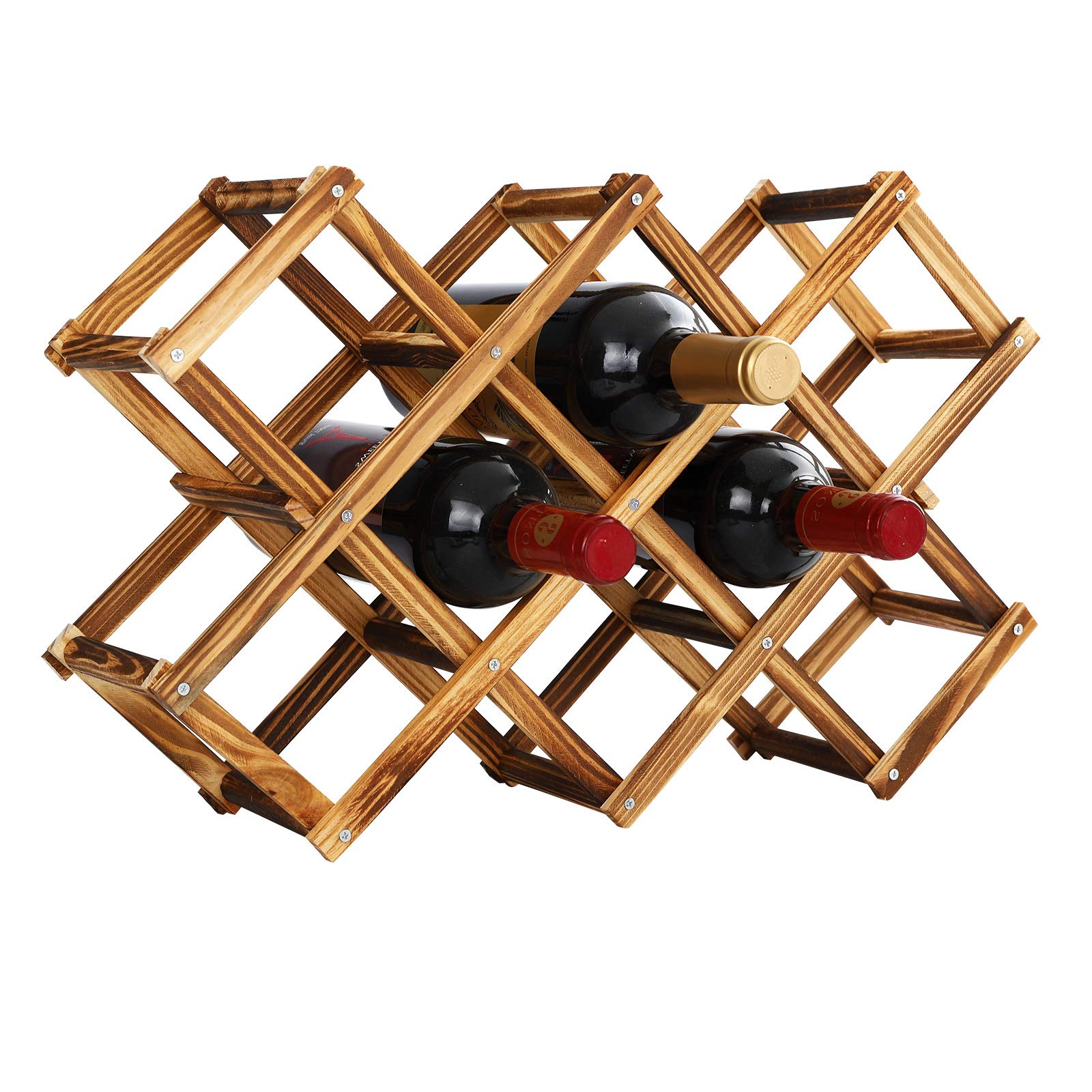GADIEDIE 10 Bottles Capacity Foldable Free Standing Wooden Wine Rack Countertop Wine Racks,Storage Wine Rack, for Kitchen, Bars, Pantry, Wine cellars, Wine Storage cabinets ,Carbonized Wood Color