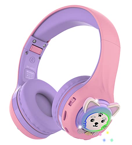 Riwbox Kids Headphones, Baosilon CB-7S Cat Kids Toddler Headphones with LED Light, 75/85/95dB Volume Limited, Kids Wireless Headphones with Mic for School/Tablet/Girls (Purple)