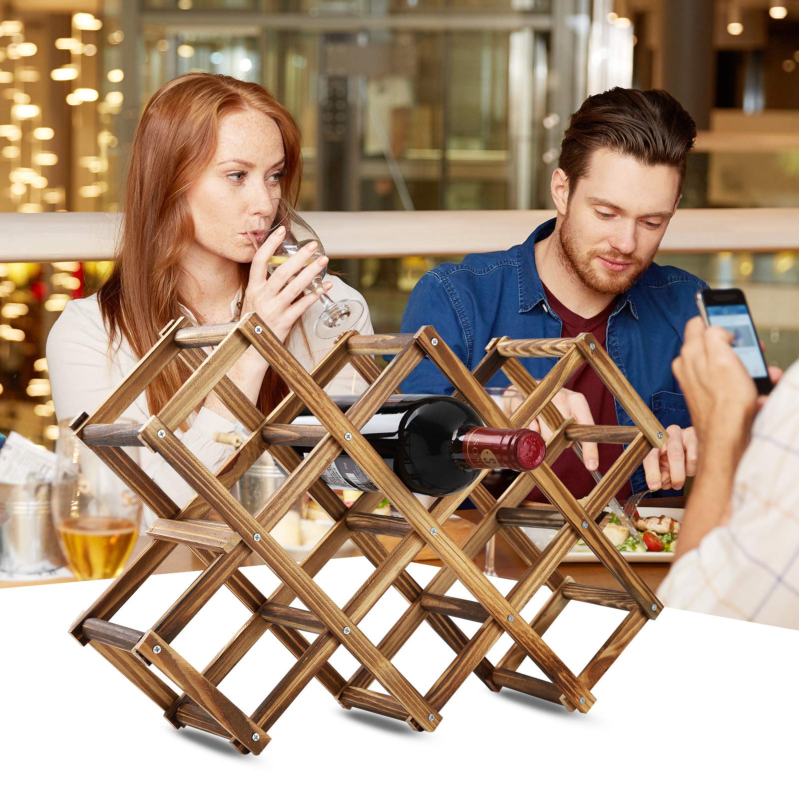 GADIEDIE 10 Bottles Capacity Foldable Free Standing Wooden Wine Rack Countertop Wine Racks,Storage Wine Rack, for Kitchen, Bars, Pantry, Wine cellars, Wine Storage cabinets ,Carbonized Wood Color