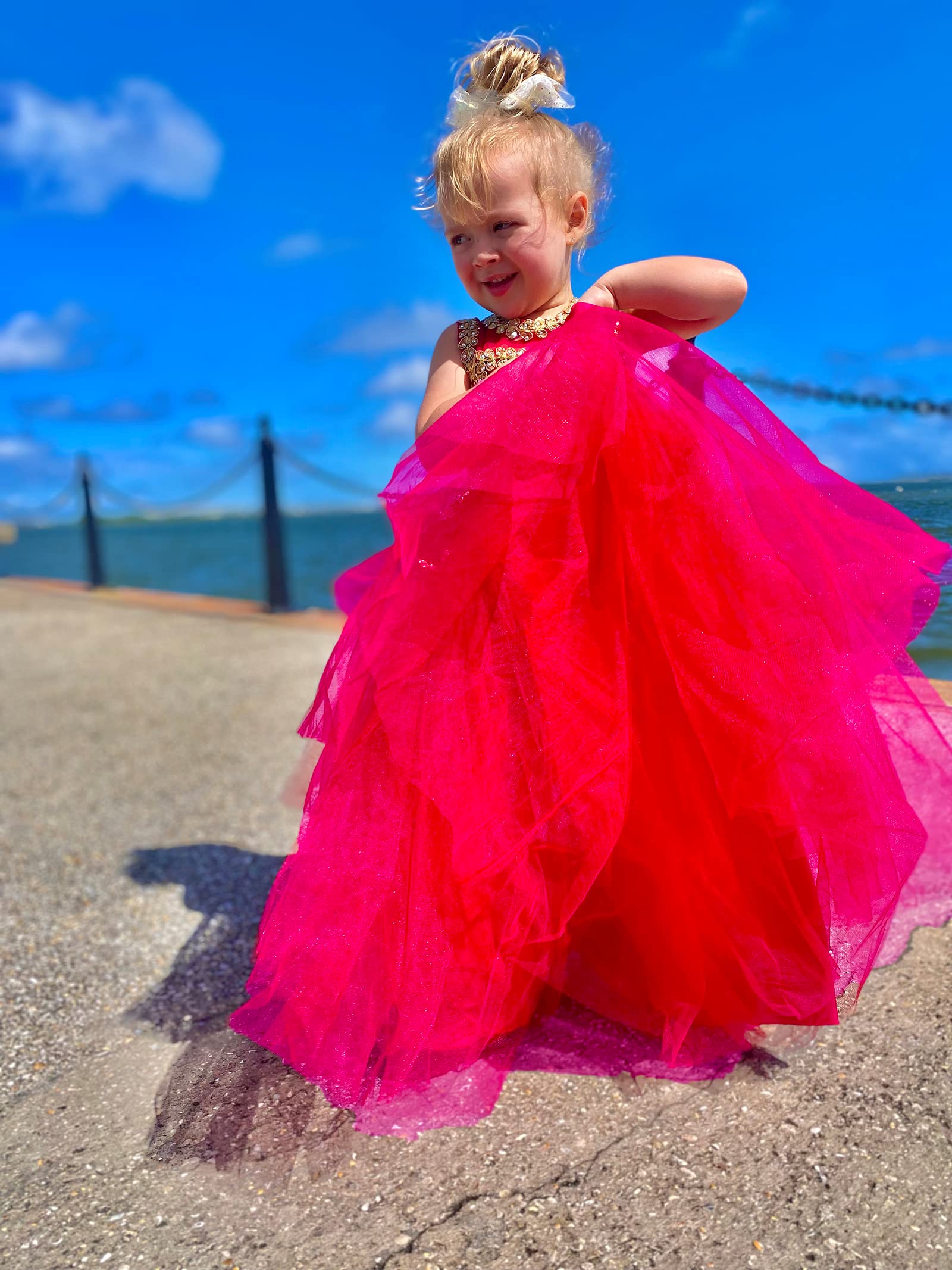 WDE Formal Little Girls Long Pageant Dresses Prom Ball Gown Gold Lace Tulle(2,Hot Pink)