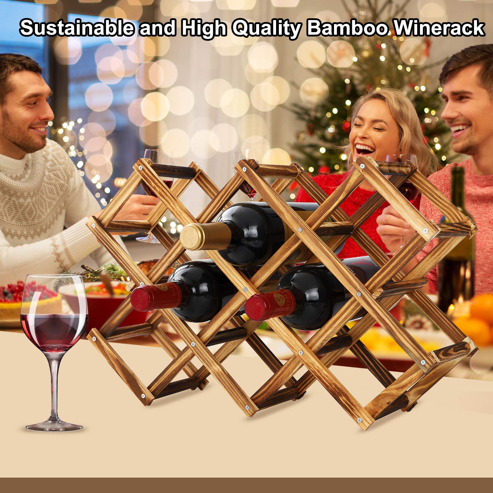 GADIEDIE 10 Bottles Capacity Foldable Free Standing Wooden Wine Rack Countertop Wine Racks,Storage Wine Rack, for Kitchen, Bars, Pantry, Wine cellars, Wine Storage cabinets ,Carbonized Wood Color