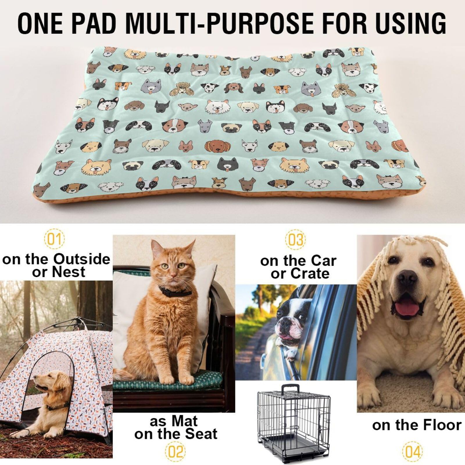 Coikll Puppy Dog Faces Pet Bed Pad Soft Dog Bed Mat with Anti-Slip Bottom, Machine Washable Crate Pad Mattress for Dog Sleeping- 24 * 18inches