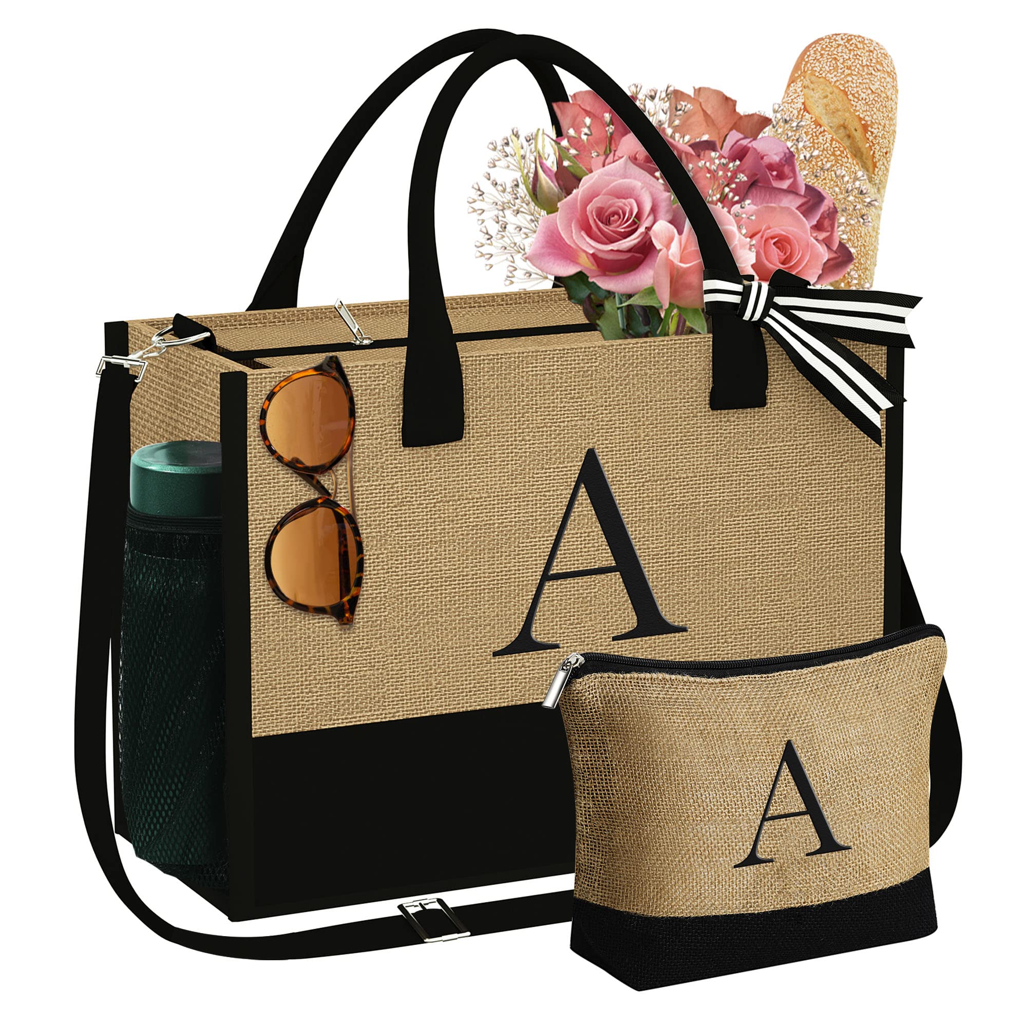 YOOLIFE Birthday Gifts for Women - Gift for Women, Teacher Gifts, Easter Basket, A Initial Tote Bag for Female Her Friend Sister Mom Birthday Gift for Her Mom Wife, Jute Initial Beach Tote Bag
