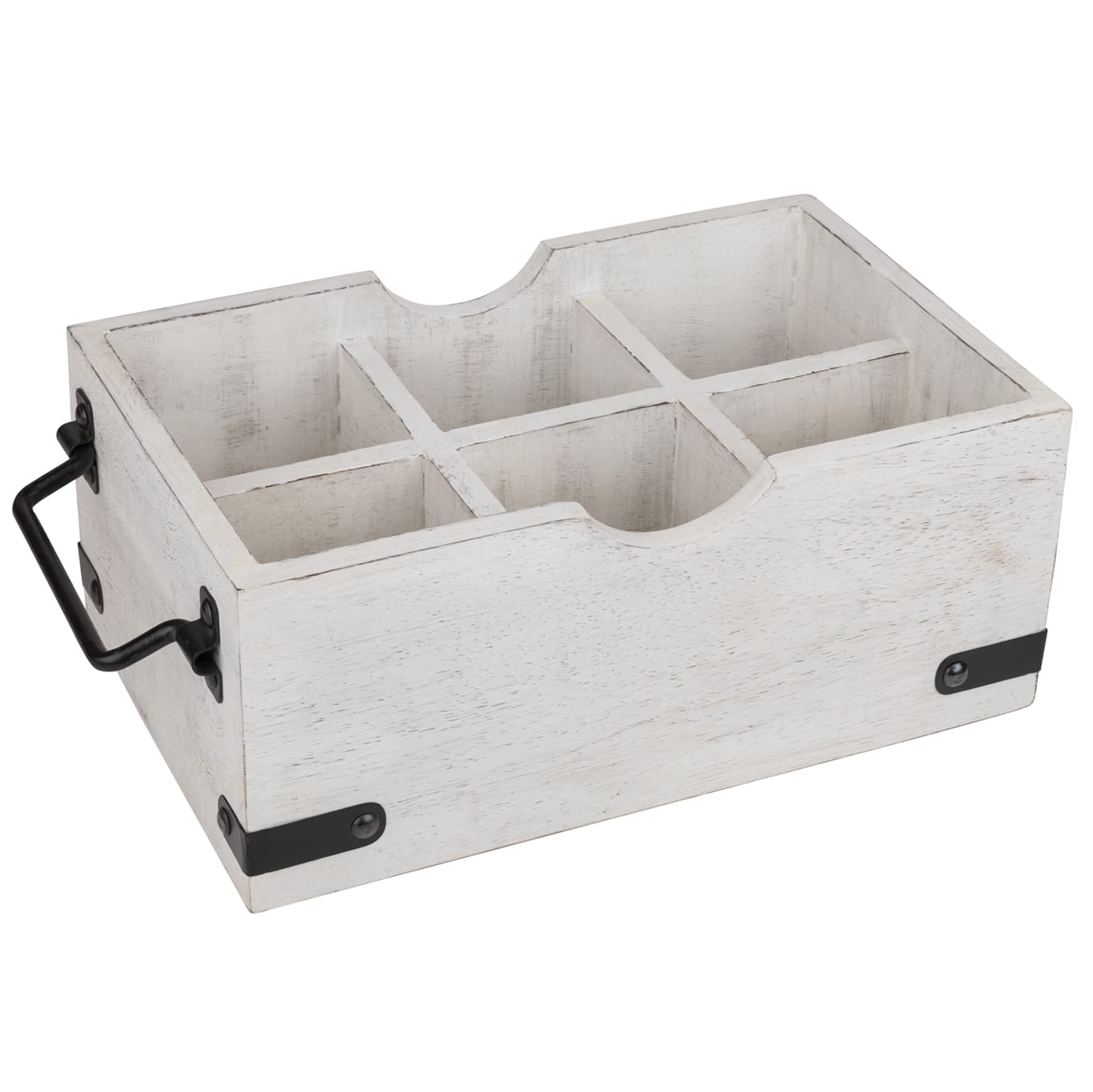 GoCraft 6 Compartment Flatware Caddy, Multipurpose Organiser for Kitchen Cutlery, Dining Silverware Condiments, Arts, Makeup Brushes, White Washed Mango Wood Caddy with Metal Handles