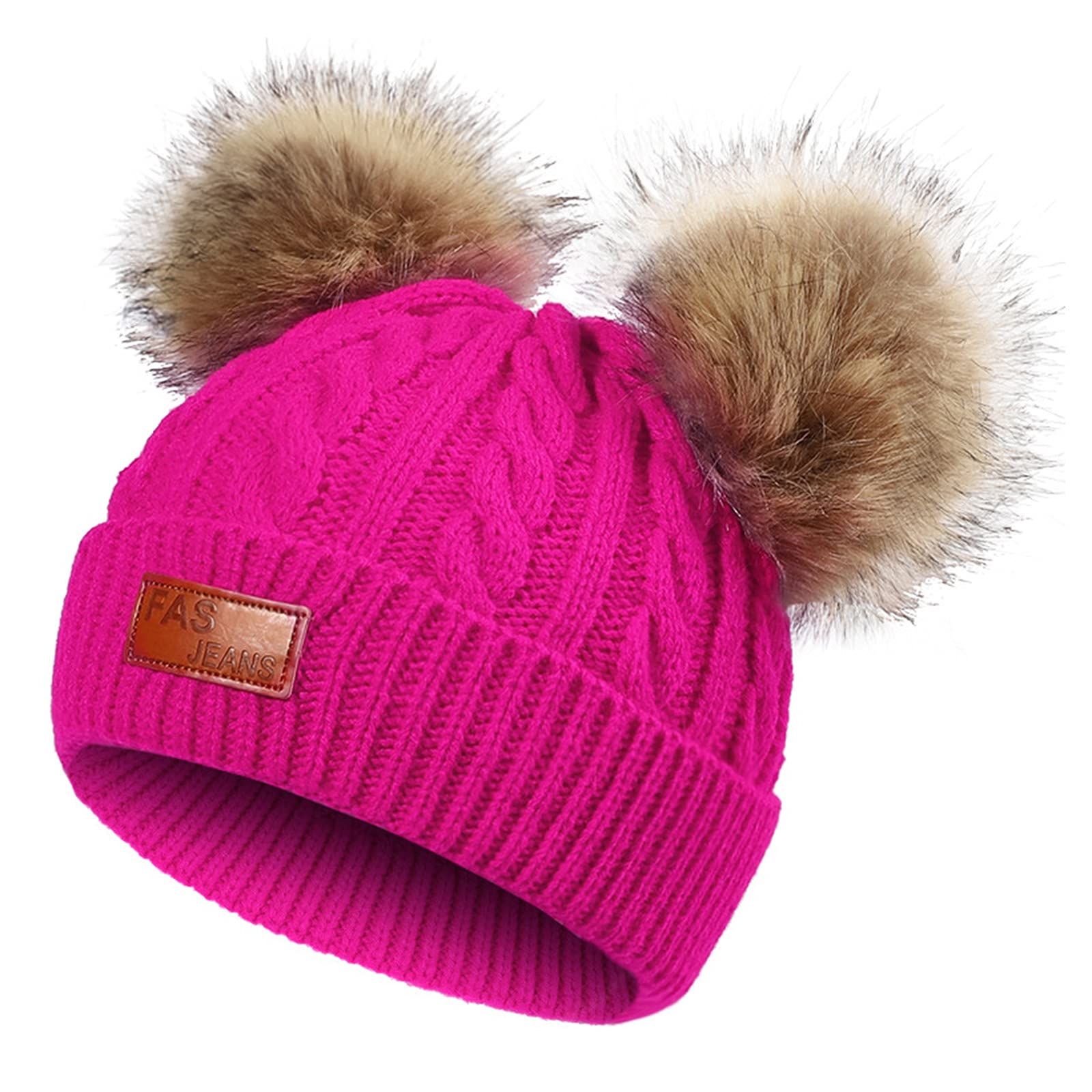 Womens Winter Double Pom Pom Beanie Hats Detachable Fur Ball Cute Cap Warm Soft Cable Knit Hat with Ears for Girls Hot Pink