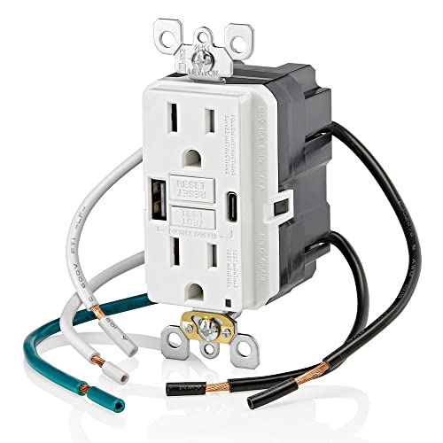 Leviton GUAC1-W 15A SmartlockPro Self-Test GFCI Combination 24W(4.8A) Type A/C USB in-Wall Charger Outlet, White
