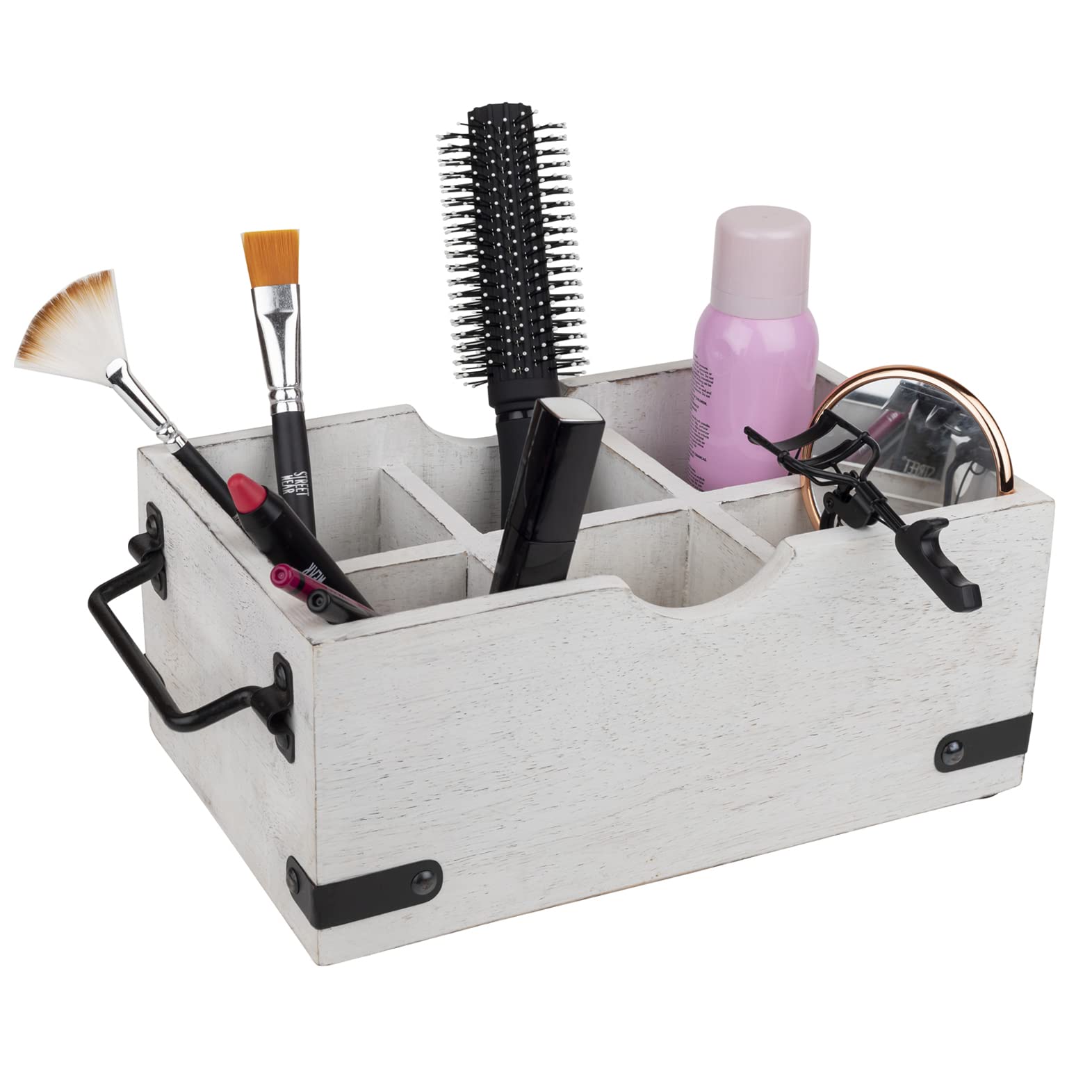 GoCraft 6 Compartment Flatware Caddy, Multipurpose Organiser for Kitchen Cutlery, Dining Silverware Condiments, Arts, Makeup Brushes, White Washed Mango Wood Caddy with Metal Handles