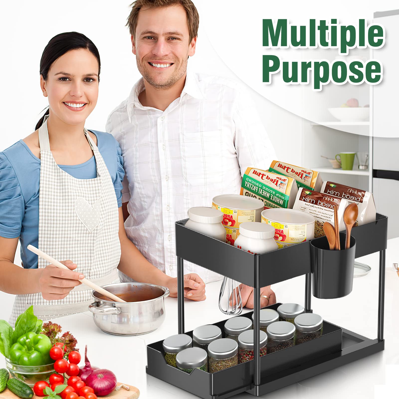 Under Sink Organizers and Storage 2 Tier Under Cabinet Organizer Bathroom Under Sink Storage for Kitchen with Sliding Drawers, Hooks, Multi-purpose Pull Out Under the Sink Organizer and Storage