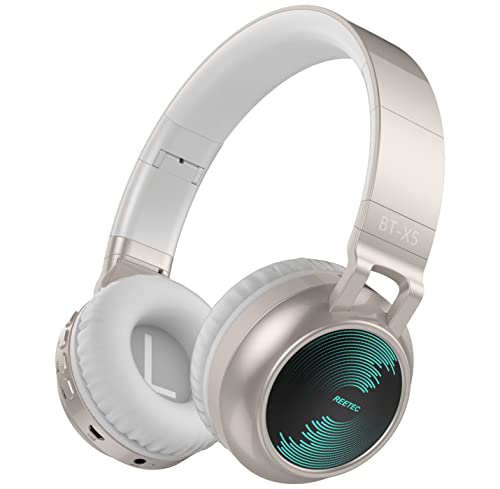REETEC Wireless Bluetooth Headphones Over Ear - [7 LED Lights Display] Foldable Hi-Fi Stereo Deep Bass Wired and Wireless Headphones with Microphone for iPhone, iPad, Laptop, PC, SD/TF - Golden