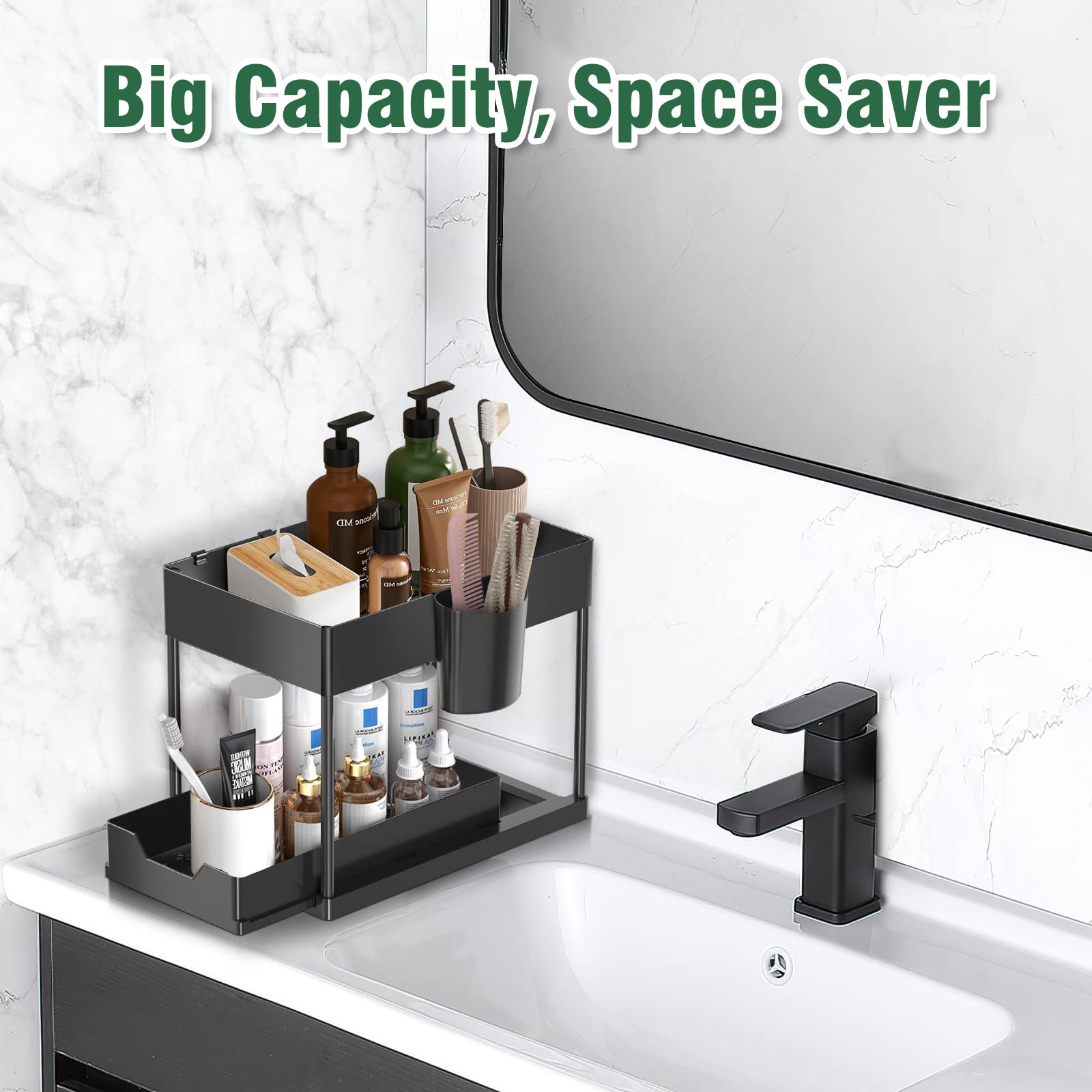 Under Sink Organizers and Storage 2 Tier Under Cabinet Organizer Bathroom Under Sink Storage for Kitchen with Sliding Drawers, Hooks, Multi-purpose Pull Out Under the Sink Organizer and Storage