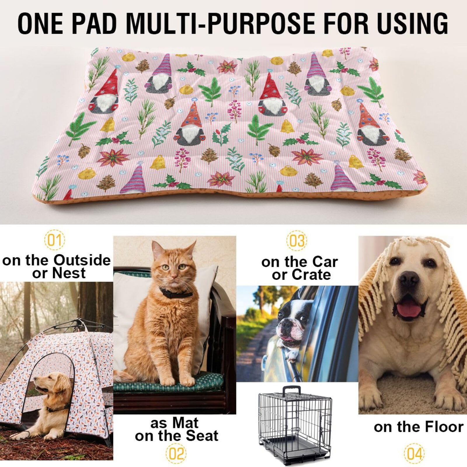 Coikll Christmas Gnomes Plants Pet Bed Pad Soft Dog Bed Mat with Anti-Slip Bottom, Machine Washable Crate Pad Mattress for Dog Sleeping- 36 * 24inches