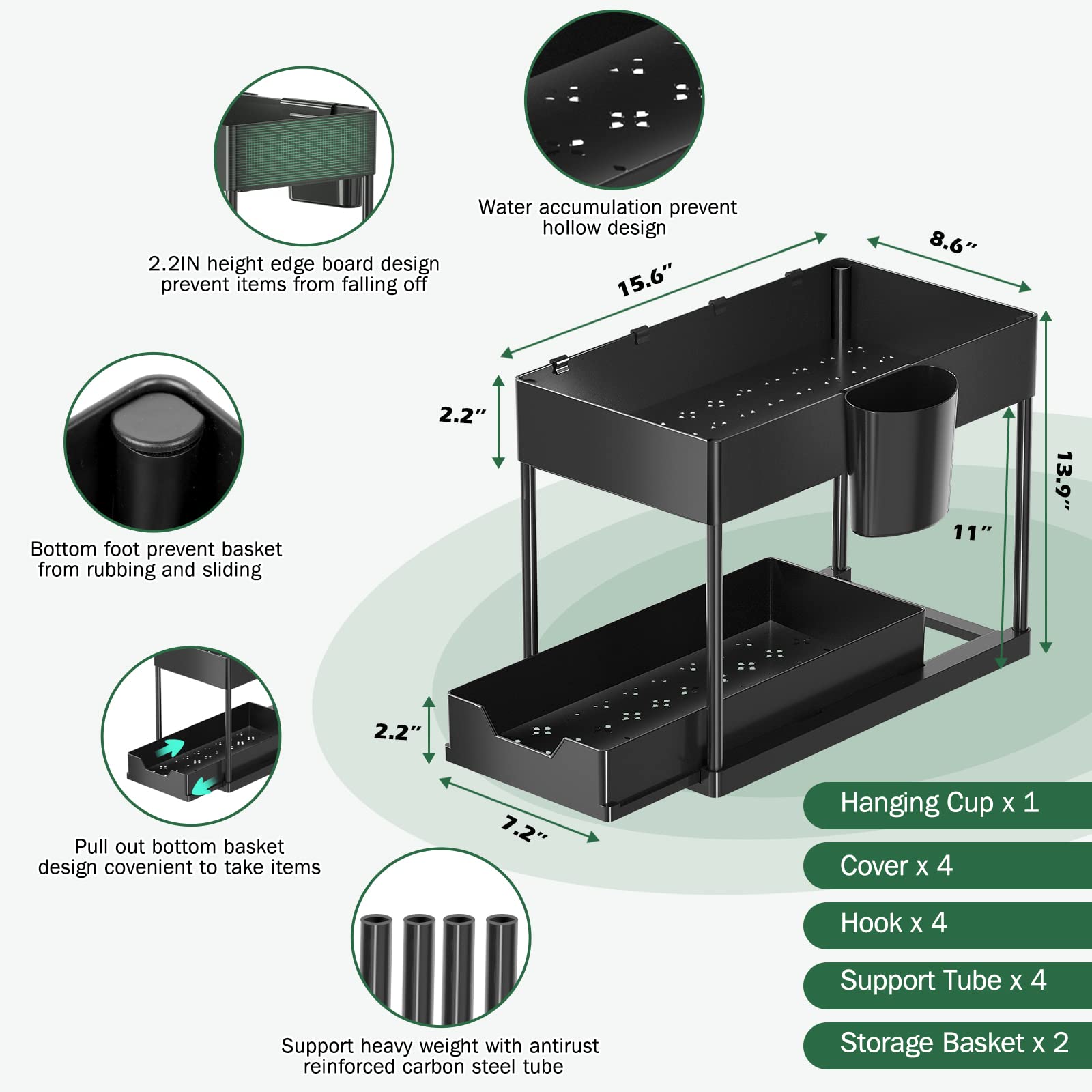 Under Sink Organizers and Storage 2 Tier Under Cabinet Organizer Bathroom Under Sink Storage for Kitchen with Sliding Drawers, Hooks, Multi-purpose Pull Out Under the Sink Organizer and Storage