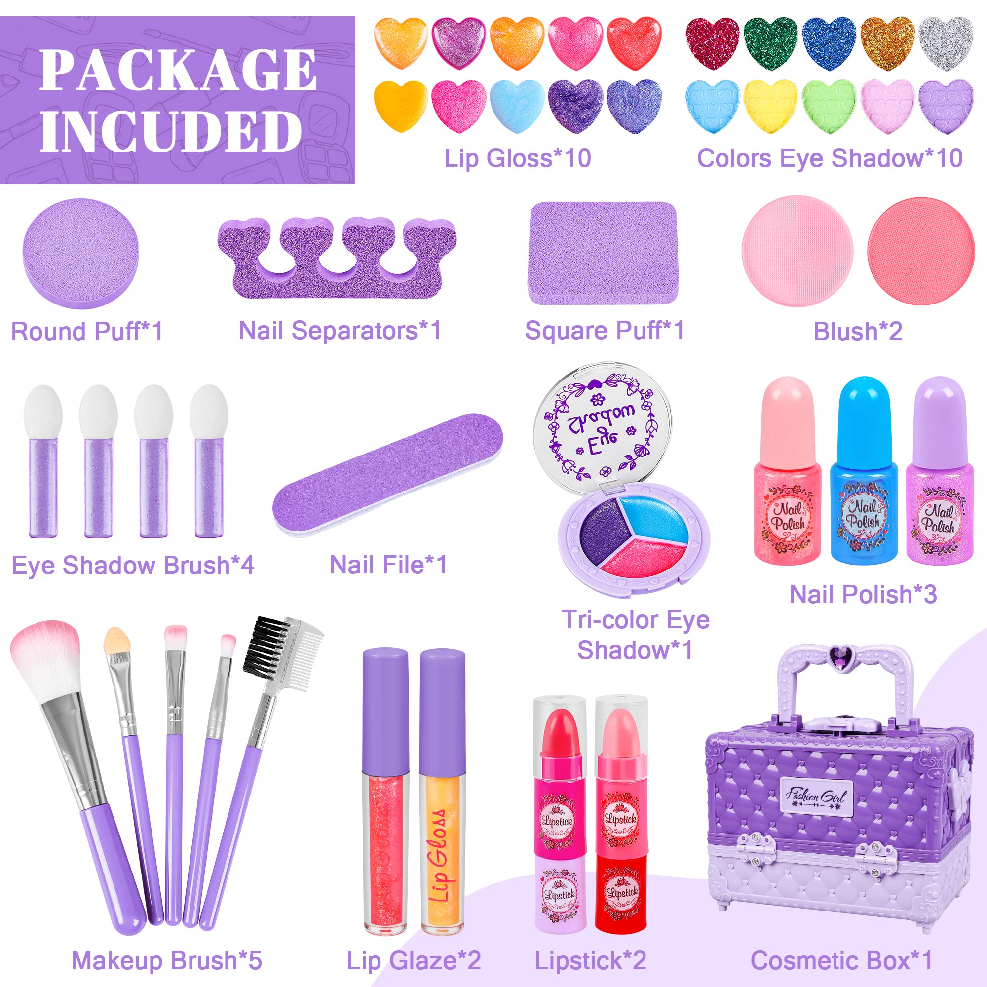 Kids Makeup Kit for Girls 44 Pcs Washable Makeup Kit,Real Cosmetic for Little Girls (Lilac)